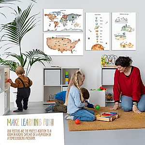 Educational Posters for Toddlers 11x17 inches - Preschool Posters - Worldmap, Solar System Poster, Seasons Chart, USA Map - Nursery Wall Decor - Set of 4 Learning Classroom Posters for Home Kindergarten - Unframed