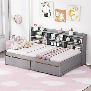 Harper & Bright Designs Full Captains Bed with Bookcase and Two Drawers, Wooden Full Size Daybed Frame with Storage,Space Saving Full Bed Frame for Girls Boys (Grey,Full)