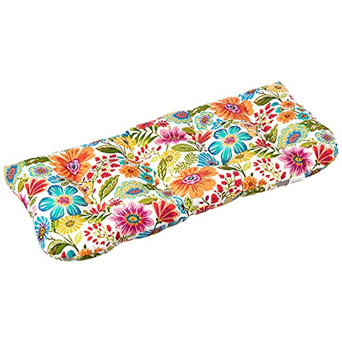 Pillow Perfect Bright Floral Outdoor Wicker Patio Sofa Setee Swing Cushion, Tufted, Weather, and Fade Resistant, Round Corner - 19" x 44", Blue/Purple Gregoire, 1 Count