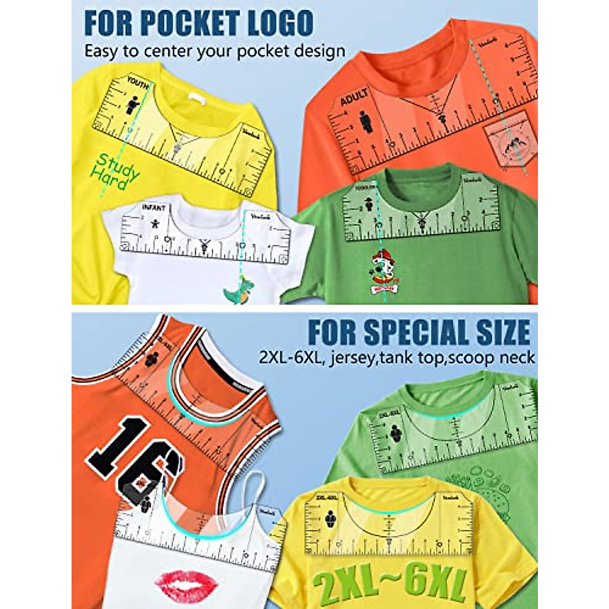 Tshirt Ruler Guide Vinyl Alignment Tool - Sublimation Accessories, T Shirt rulers to Center Designs, Transparent V-Neck/Round PVC Ruler for Adult Youth Toddler Infant 2XL-6XL