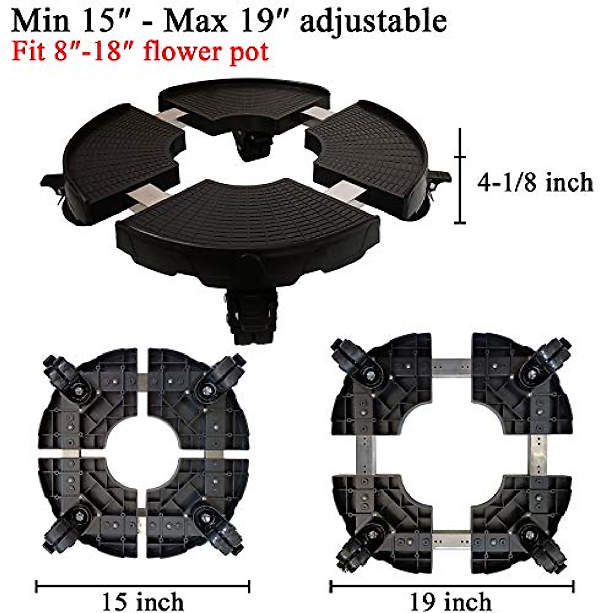 CASIMR Plant Caddy with Wheels, Heavy Duty 440lbs Capacity Rolling Plant Stand, 15-19 Inch Adjustable Indoor Outdoor Plant Dolly, Round Plant Roller Base Flower Pot Rack Holder Trolley Casters Tray