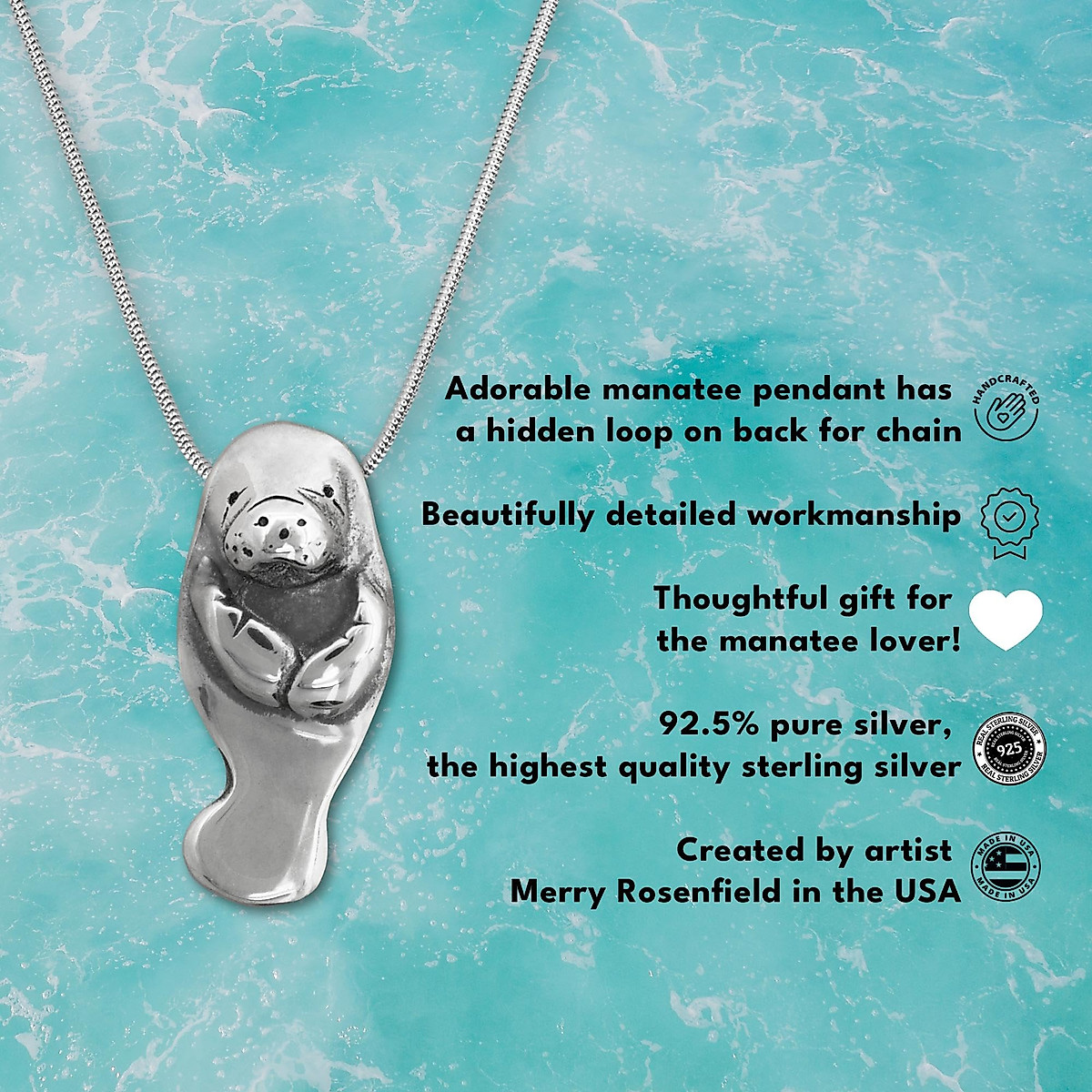 The Magic Zoo Manatee Sterling Silver Pendant – Handcrafted in the USA – Manatee Jewelry for Women