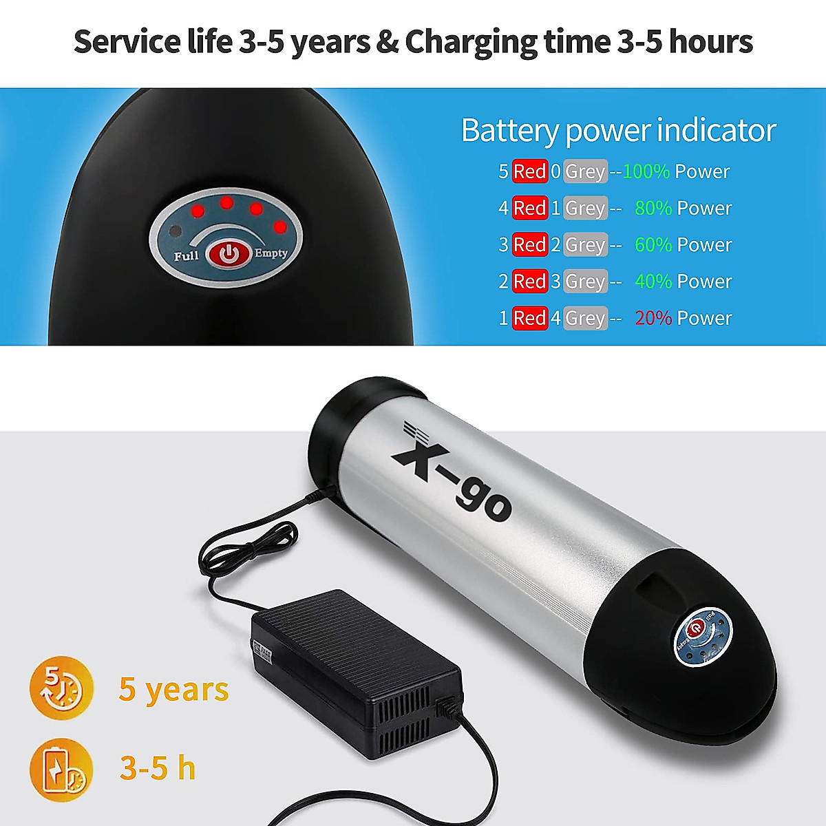 X-go 36V 10Ah Ebike Battery Lithium Li-ion, Electric Bike Battery with Charger and Holder for 200W 250W 350W Electric Bicycle Motor, for Modified Bike/Daily/Outdoor/Widely Applicable