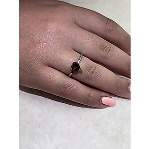 Takar Solid Sterling Silver Solitaire Heart-Shaped Genuine Garnet Ring, Engagement Wedding Band Ring Jewelry for Woman, Made in USA.(Size 10)