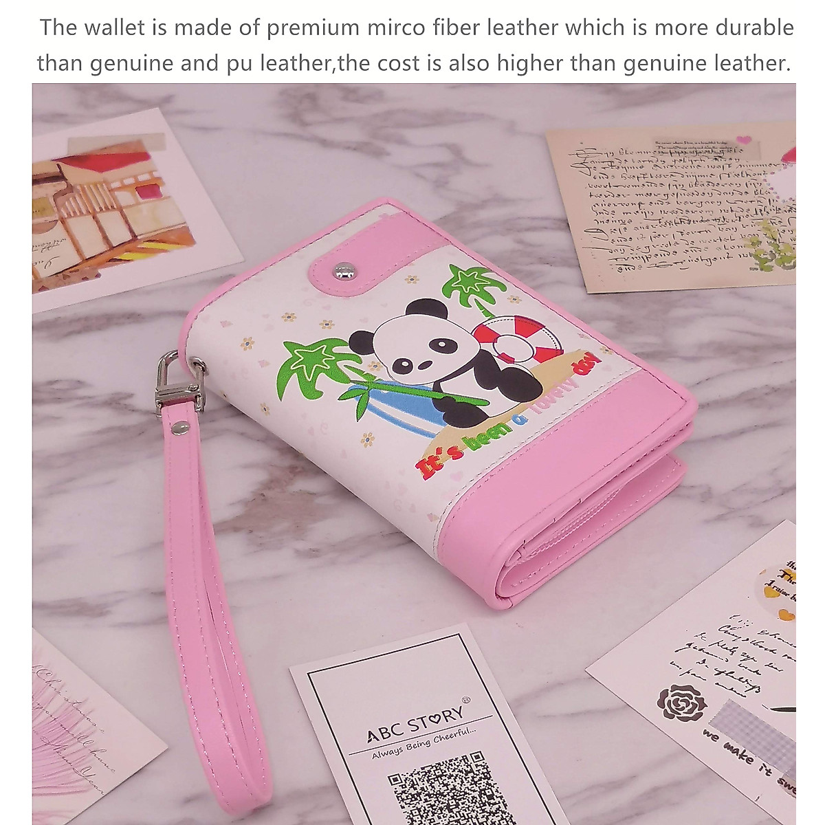 Womens Leather RFID Cute Cartoon Panda Wallet Purse Wristlets with Coins Pocket Pink