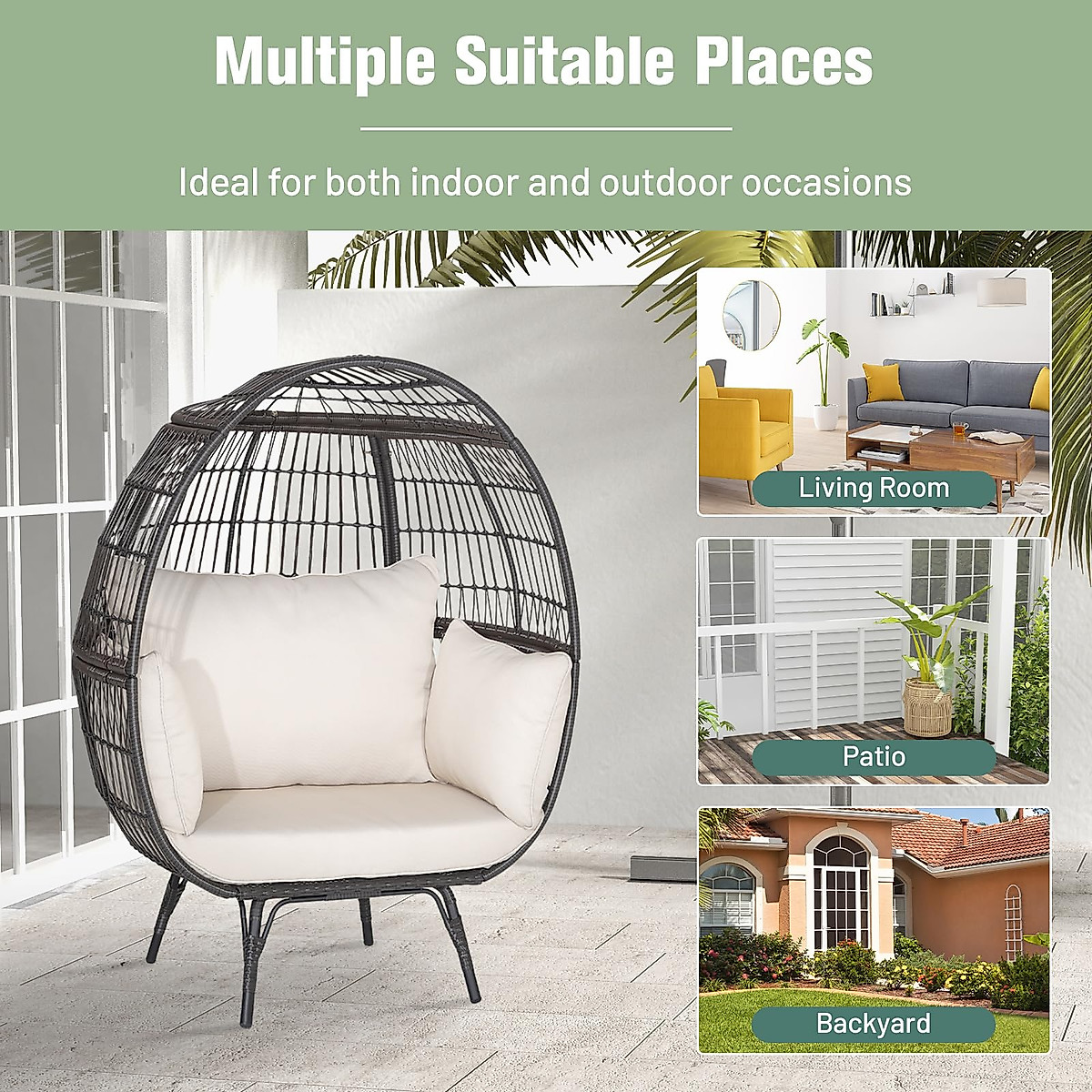 Tangkula Oversized Wicker Egg Chair, Stationary Patio Lounge Basket w/ 4 Soft Cushions, Stable Metal Frame, Gorgeous Indoor Outdoor Lounge Chair, Ideal for Living Room, Backyard, 450 LBS Max Load
