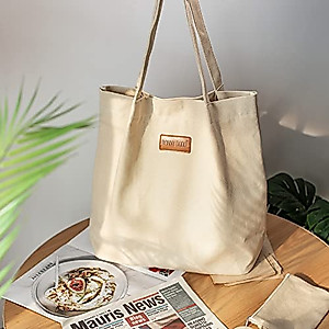 Canvas Casual Tote Bag Beige for Women Shoulder Library Tote Bags 13 x 6 x 14 Inches Travel School Book Teacher Bags and Totes with Inner Pockets for Work