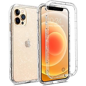 Coolwee Crystal Glitter Full Protective Case Compatible with iPhone 12 Pro Max Heavy Duty Protection Hybrid 3 in 1 Rugged Shockproof Women Girls Transparent Shiny Clear Bling Sparkle