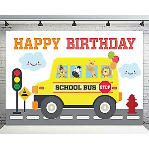 Yellow School Bus Happy Birthday Banner Backdrop Background Photo Booth Props Back to School Wheels on the Bus Theme Decor for First Day of School Welcome Party 1st Birthday Party Favors Decorations