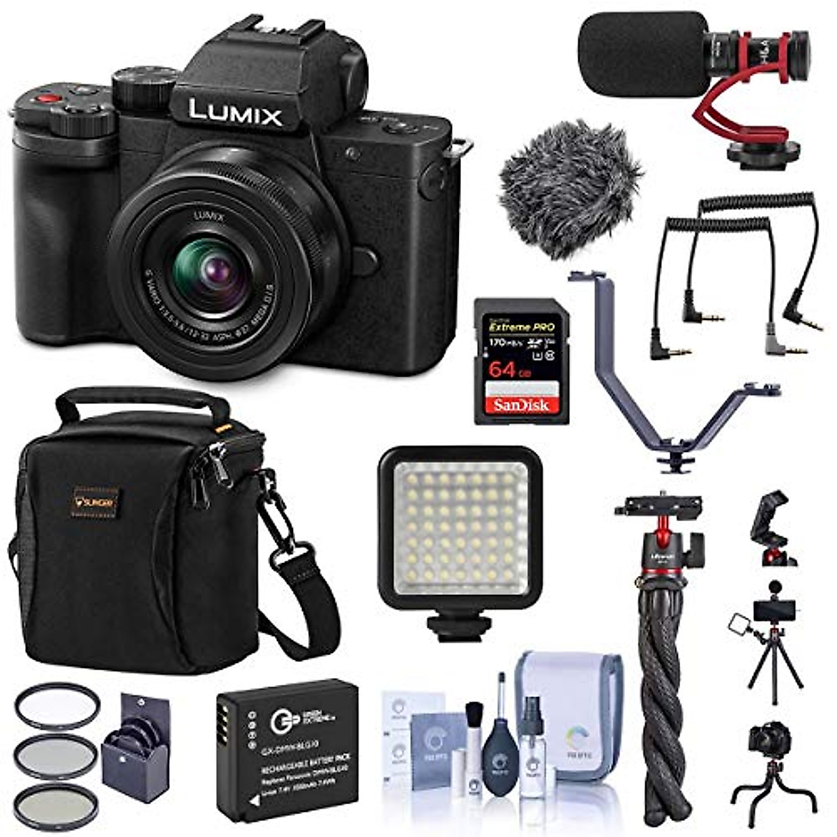Panasonic Lumix DC-G100 Mirrorless Camera Black with G Vario 12-32mm f/3.5-5.6 AS Lens - Bundle with 64GB SDXC Card, Soulder Bag, Spare Battery, Compact Charger, PC Software, 61" Tripod, and More