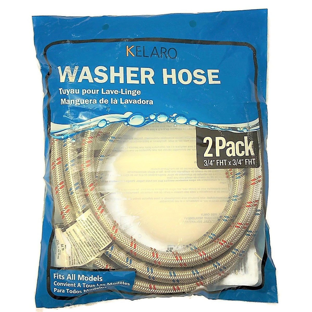 Premium Stainless Steel Washing Machine Hoses with 90 Degree Elbow, 5 Ft Burst Proof (2 Pack) Red and Blue Striped Water Connection Inlet Supply Lines