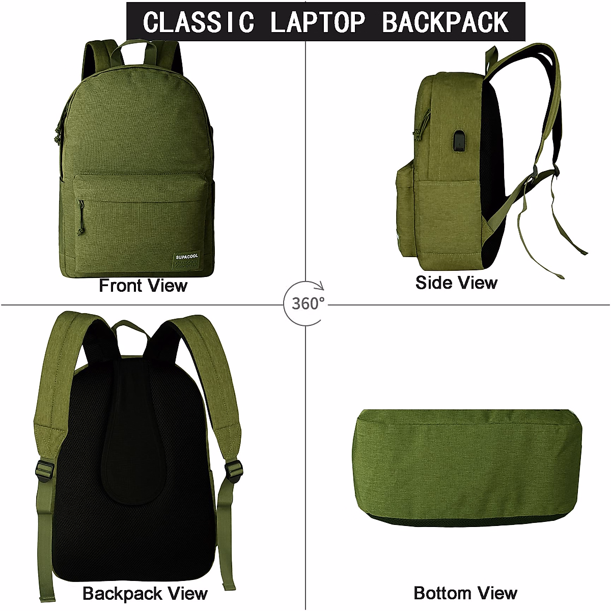 SUPACOOL Casual Laptop Backpack for Men and Women, Backpack for College, USB Charging Port, Lightweight Pack Back(Olive)