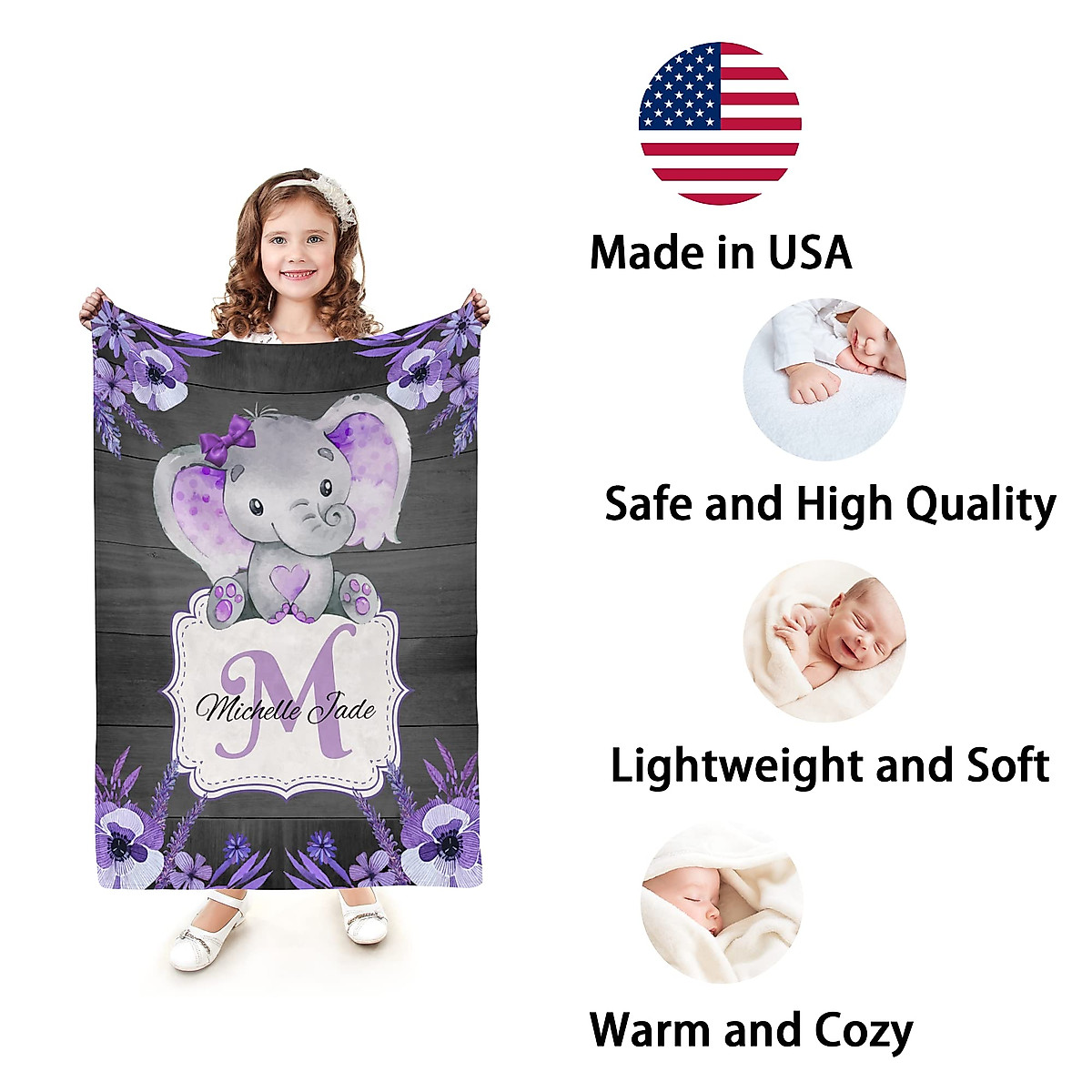 Custom Baby Blanket with Name for Baby Boy Girls，Personalized Purple Elephant Flower Design Soft Throws Blanket for Kids Toddler Swaddling Birthday Gifts