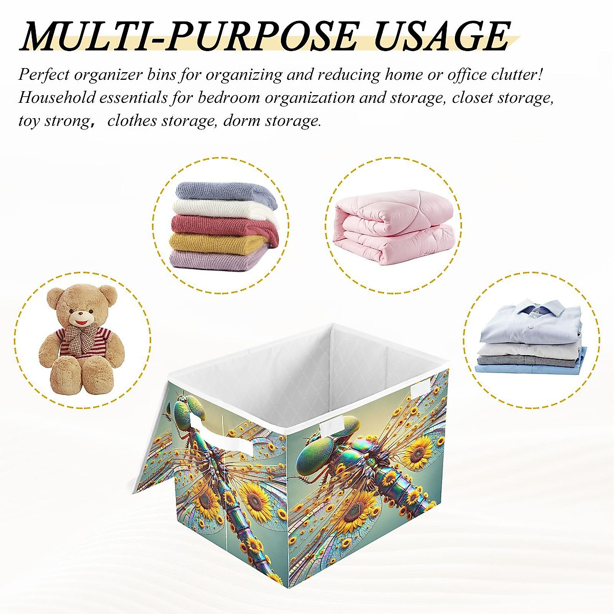 DIGTIA Dragonfly with Sunflower Storage Bins with Lids Spring Summer Foldable Storage Basket with Handles Collapsible Large Fabric Organizer Containers for Clothes Shelves Closet Office Home Bedroom