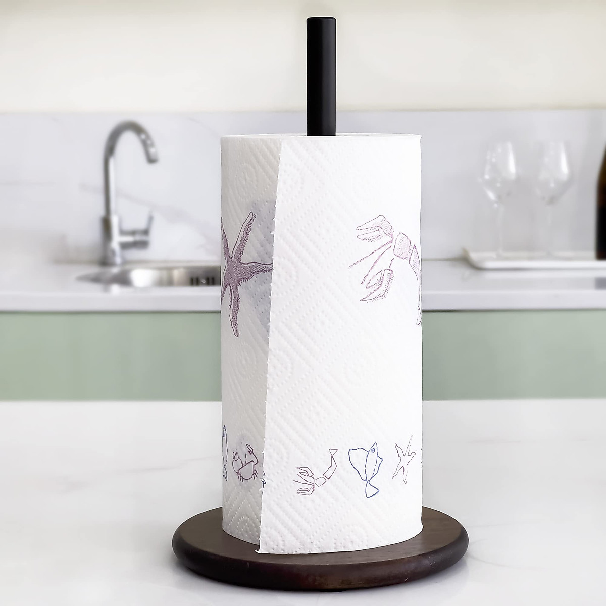 Rustic Paper Towel Holder with Natural Wooden Base, Farmhouse Paper Towel Holder, Free-Standing Paper Towel Roll Dispenser for Kitchen & Dining Table Countertop, Fits Standard and Jumbo Size Rolls