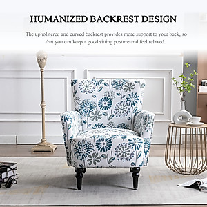 CAGUUIA Modern Accent Chair,Upholstered Arm Chair,Linen Fabric Living Room Chair with Solid Wood Legs,Reading Chair for Living Room, Bedroom or Reception Room (White Blue)