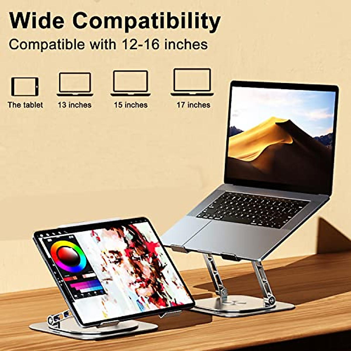 LIENS Adjustable Laptop Stand with 360 Rotating Base Compatible with MacBook Pro/Air Notebook up to 17 Inches Silver (Silver with Fan)