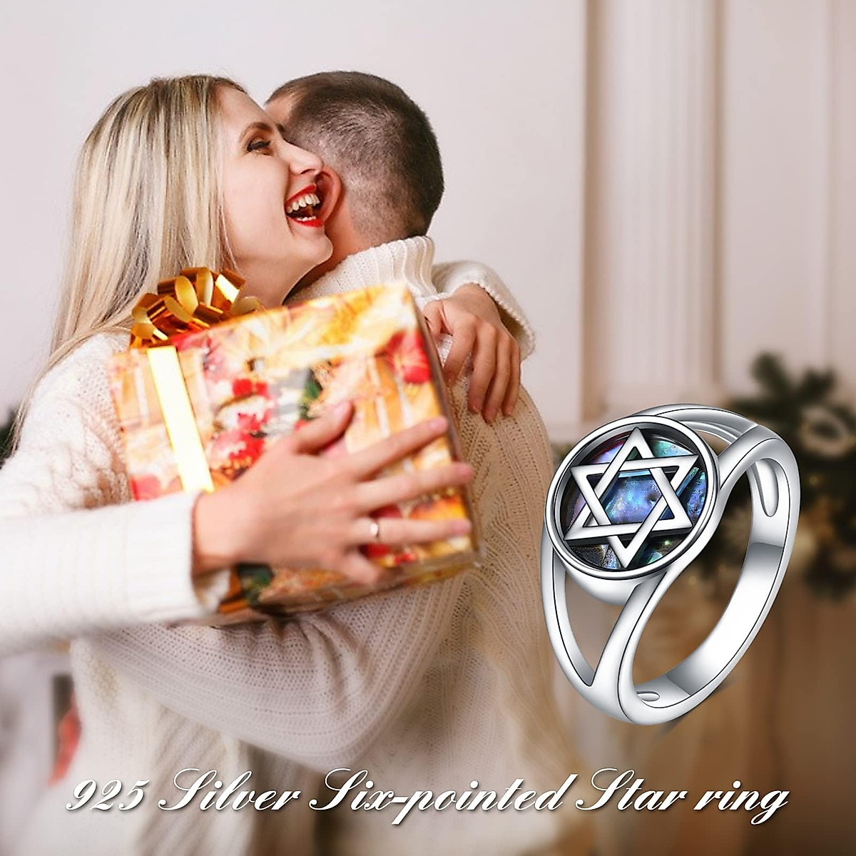 TIGER RIDER David's Star Band Ring 925 Sterling Silver Star of David Ring in Abalone Shell US7