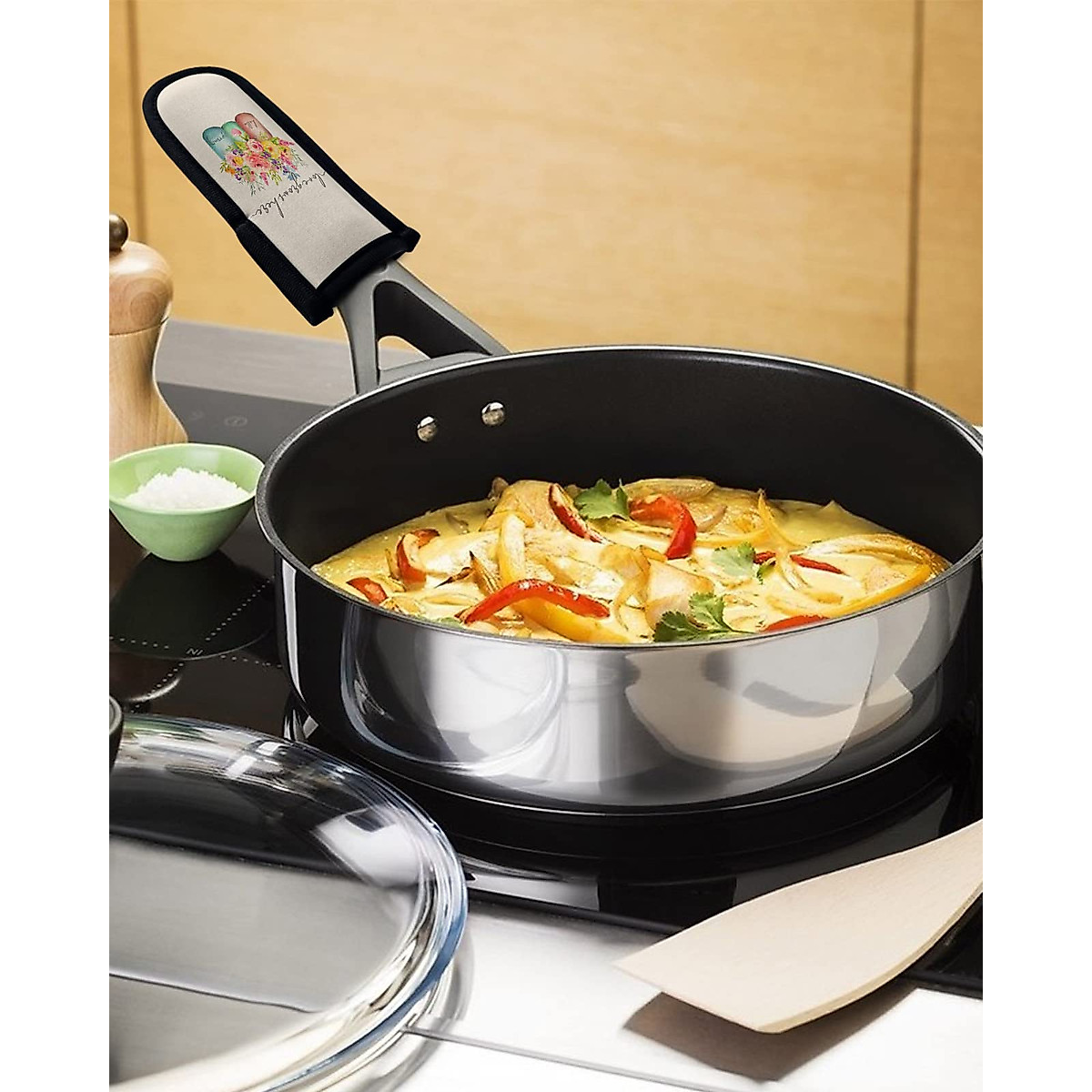 Spring Flower Hot Handle Holder, Pot Pan Handle Covers, Colorful Rose Watercolor Burlap Texture Cast Iron Skillet Handle Covers, Heat Protecting Pan Handle Sleeves Mitt for Kitchen, 2PCS