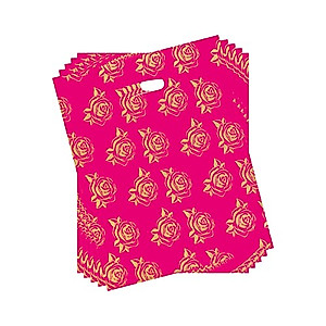 InfinitePack Large 12"x15"(100pcs) Golden Roses Printed on Pink Thank You Merchandise Bags , Die Cut Handles, Retail Shopping Bags for Boutique, Goodie Bags, Gift Bags Bulk, Favors, 1.5 Mil Reusable Plastic Bags