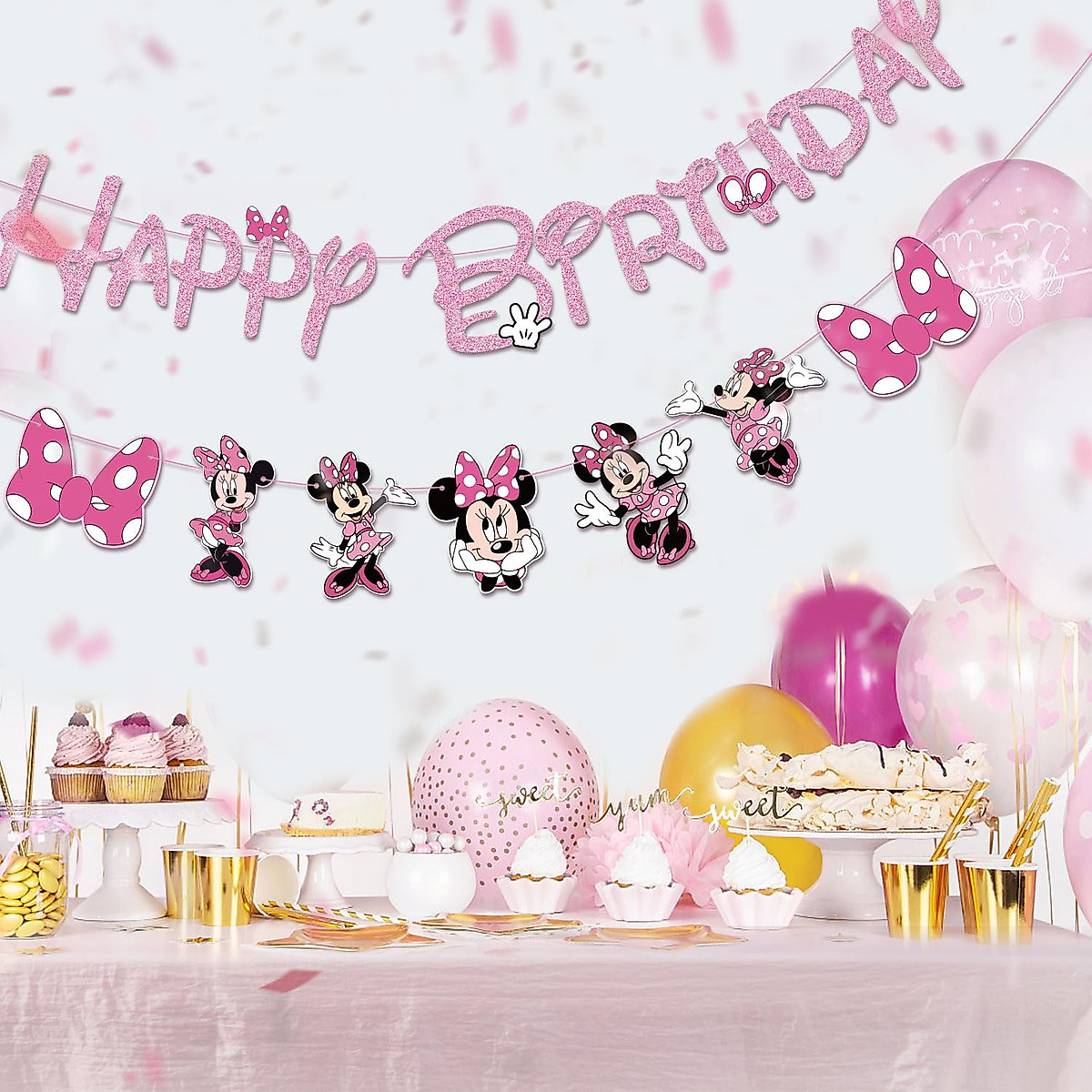 Pink Mouse Birthday Banner for Girls, Mouse Birthday Party Decorations Pink Mouse Themed Birthday Banner for Girl 1st 2nd 3rd Birthday Party Baby Shower Decorations