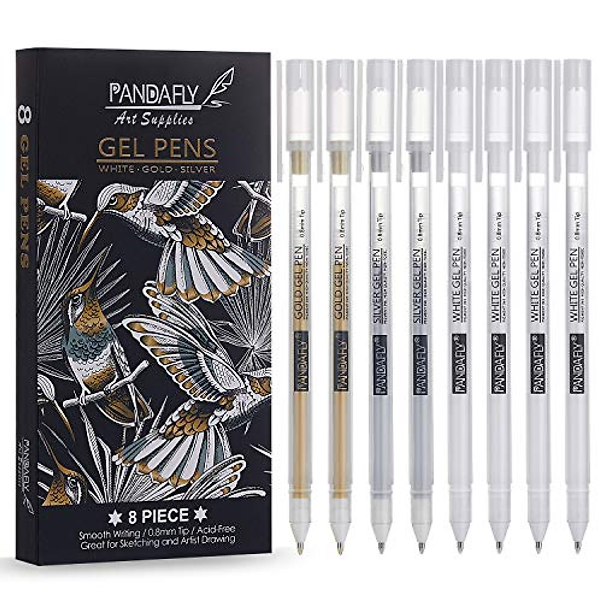 PANDAFLY White Gold Silver Gel Pens, 0.8 mm Extra Fine Point Metallic Gel Ink Pens for Black Paper Drawing, Sketching, Illustration, Card Making, Bullet Journaling, Pack of 8