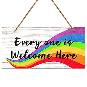 PETCEE Everyone Is Welcome Here Door Sign, 6"x12" Rainbow Gay Lesbian Pride Welcome Sign Door Decorations LGBTQ Door Hanging Sign for Home School Office Party Wall Front Door Decor