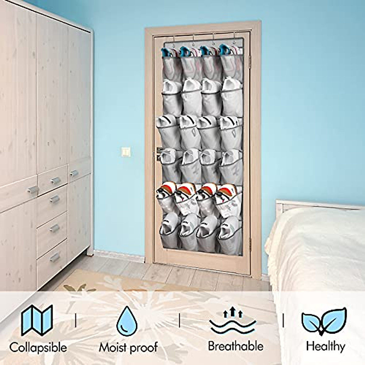 Felibeaco 2 Pack Over The Door Shoes Organizers, Behind Door Shoes Hang Holder Rack with 48 Mesh Large Pockets, Clear Fabric Shoes Hanger Storage Organizer Bag for Bedroom,Pantry,Dorm,Gray