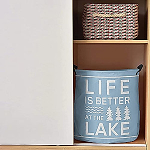 Laundry Basket Summer LIFE IS BETTER AT THE LAKE Blue Background Hampers for Laundry Room/Dorm/Nursery Collapsible Clothes Hamper with Handle Waterproof Storage Baskets for Bedroom/Bathroom 16.5x17in
