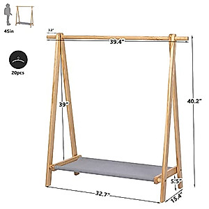 Clikuutory Kids Garment Rack, Kids Clothes Rack for Hanging Clothes, Baby Freestanding Clothing Rack with Storage Shelf & Hanging Rod, Stable Triangular Frame, 100% Natural Pine Wood, Dress up Rack