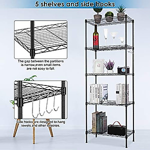 AMZOOM 5-Tier Steel Wire Shelving Unit, Adjustable Metal Shelves, Stainless Steel Storage Rack with Hooks and Leveling Feet, Suitable for Living Room Bathroom Garage Kitchen Pantry (Black)