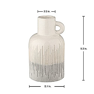 Decorative White Ceramic Vase Two-Tone Boho Flower Vase with Handle Pottery Bud Jug Vase for Flower Arrangement Glazed Rustic Farmhouse Floral Vase for Table Centerpieces