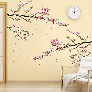 RW-KSR16 Pink Peach Flower Wall Decals Cherry Blossom Tree Branch Wall Stickers DIY Removable Florals Plants Wall Art Decor for Kids Girls Bedroom Livig Room Nursery Office Wall Decoration