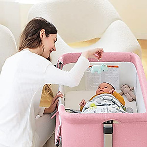 Ihoming Baby Bassinet Bedside Sleeper, Baby Bed Side Crib with Storage Basket, Easy Folding Bassinets, Adjustable Baby Bed for Infant Newborn, Pink