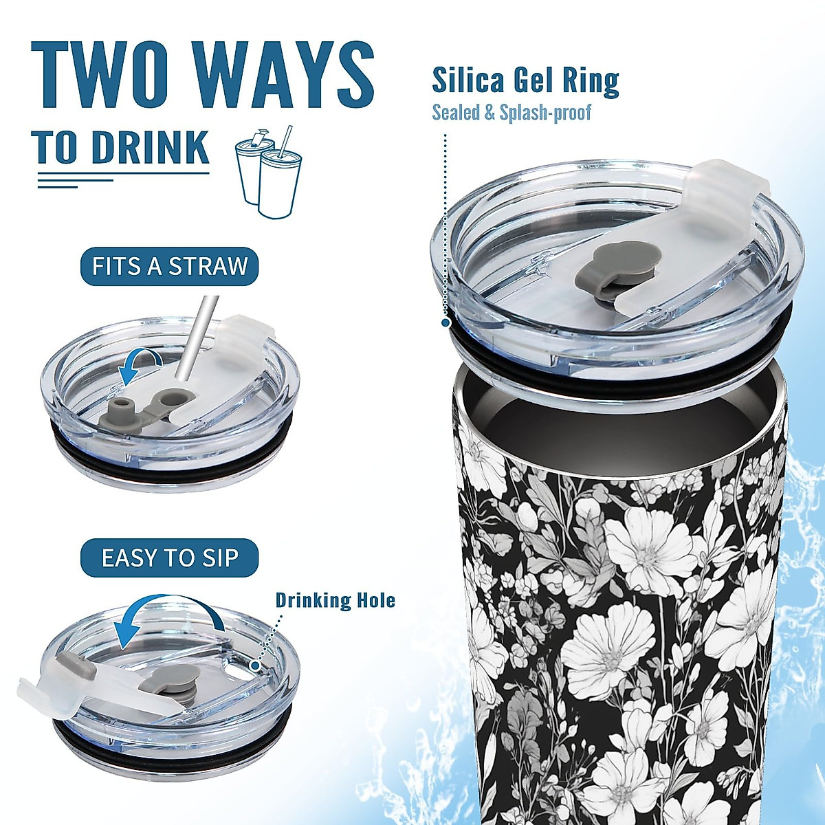 QWEUIOP 20oz Insulated Travel Coffee Mug Hand Drawn White Flowers Stainless Steel Tumbler with Lid Double Wall Vacuum Coffee Cup For Hot and Cold Drinks14494