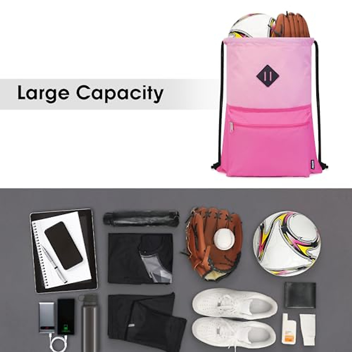 WANDF Drawstring Backpack Sports Gym Bag with Wet Compartment, Water-Resistant String Bag Cinch Bag for Women Men (Pink.)