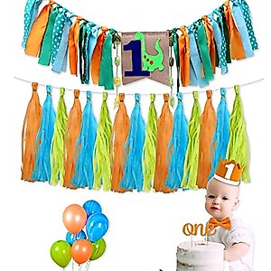 PhantomSky Baby Boy's & Girl's1st Birthday Burlap Banner 1st Birthday Party Decorations for Rag Tie Fabric Garland Cake Topper Hat Crown Burlap Highchair Banner Baby Shower Photo Props(Dinosaur)
