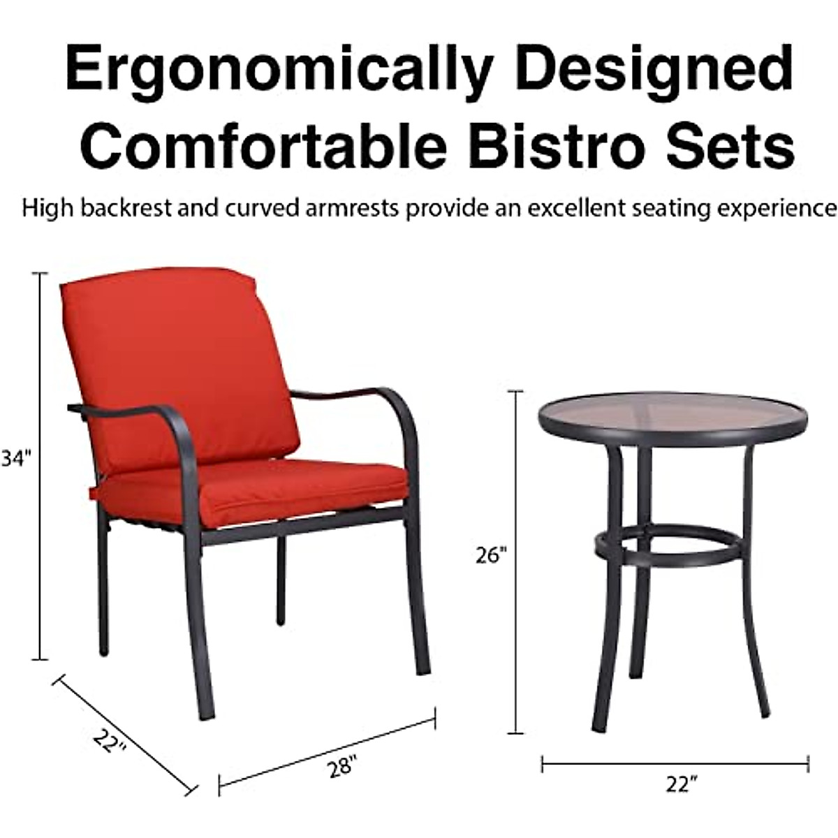Barton 3PCS Outdoor Patio Bistro Set Chairs & Glass Table Set Porch All-Weather Cushion Furniture, Orange Red