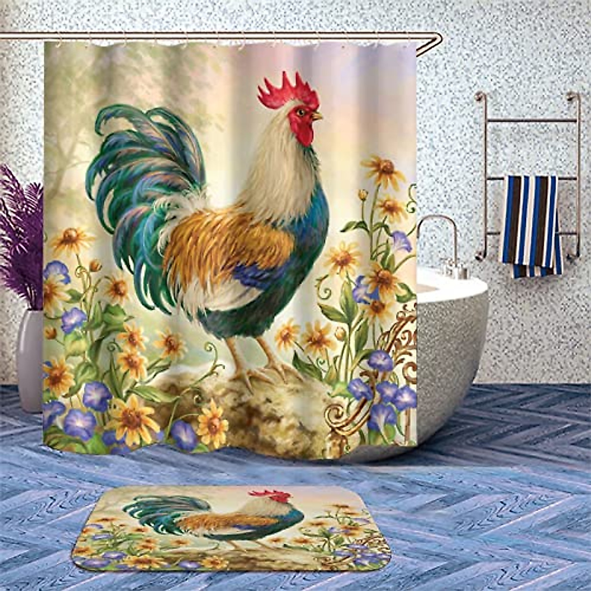 Zmcongz Rooster Bathroom Sets with Shower Curtain and Rugs and Accessories Watercolor Farm Animal Floral Waterproof Fabric Cloth Bath Curtain, Non-Slip Bathroom Rugs Bath Mats, 72x72 Inch