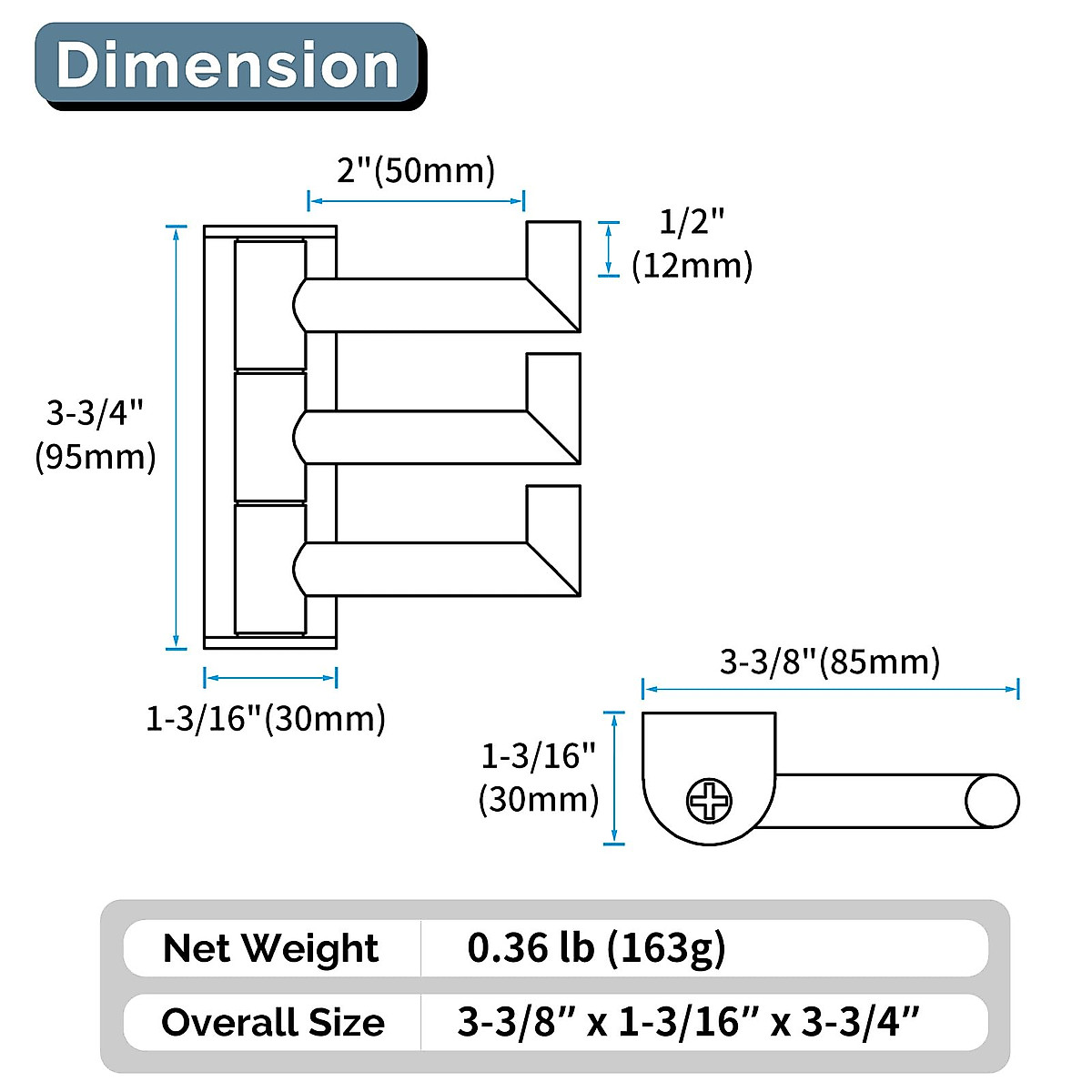Angle Simple Swivel Towel Hook 3 Arms Matte Black, 304 Stainless Steel Triple Towel Holder, Independent Swing Robe Hook, Flexible Coat Hook, Wall Mount