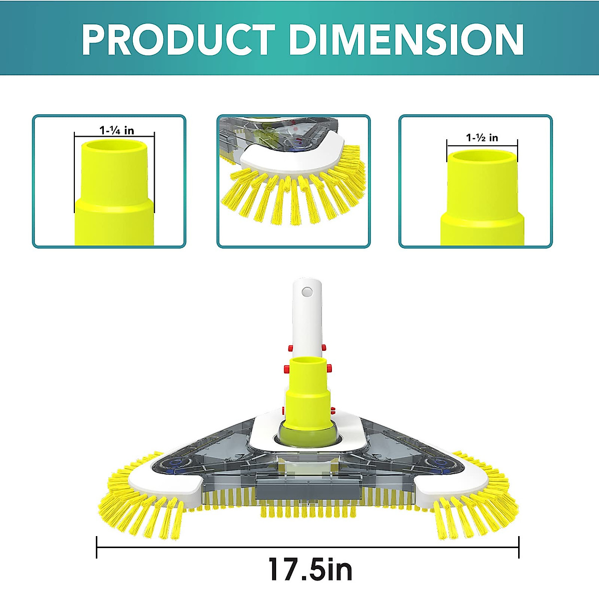 Cheerclean Pool Vacuum Head with Corner Bristles EZ Clip Handle Universal Swivel Connector for Pool Hose Above Ground Pools Inground Pool