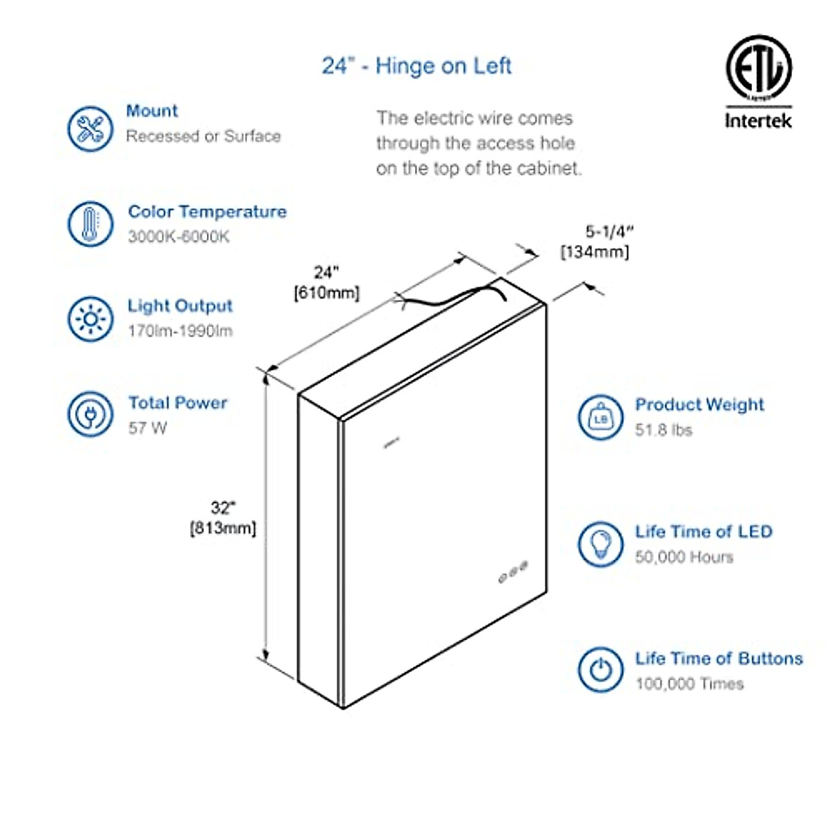 Blossom Recessed or Surface LED Lighted Mirror Medicine Cabinet with Lights, LED Medicine Cabinet w/Defogger, Dimmer, 3X Makeup Mirror, Outlets & USB (24x32/Left Hinge/Zoom Mirror)