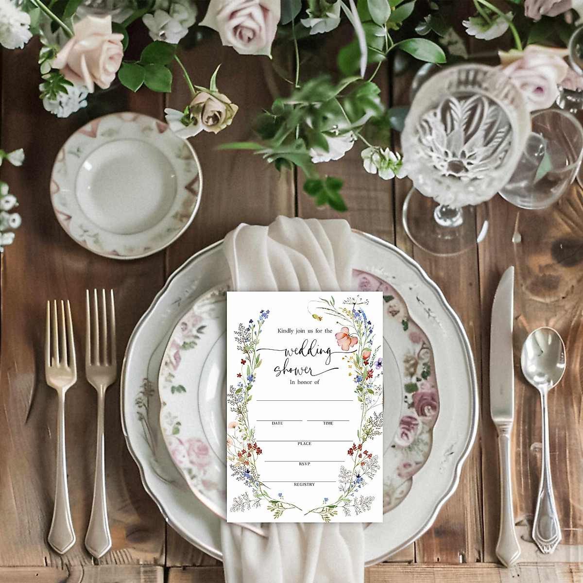 Wildflower Wedding Shower Invitations, Watercolor Floral Wedding Party Invitations, Bridal Shower Party Fill In Invitation Cards, Engagement Party Favor Supplies(20 Invites With 20 Envelopes) -03