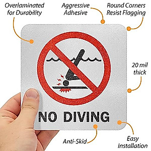 SmartSign 5.75 x 5.75 inch “No Diving” SlipSafe Adhesive Pool Safety Marker/Sign, 20 mil Thick Laminated Vinyl with Anti-Skid Pebbled Surface, Red, Black and White
