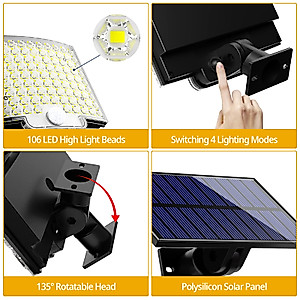 Solar Lights Outdoor, 106 LED 3000LM Solar Powered Motion Sensor Flood Lights with Remote, Dusk to Dawn Led Solar Security Wall Lights with 16.5Ft Cable IP65 Waterproof for Outside, Garage, 2 Pack