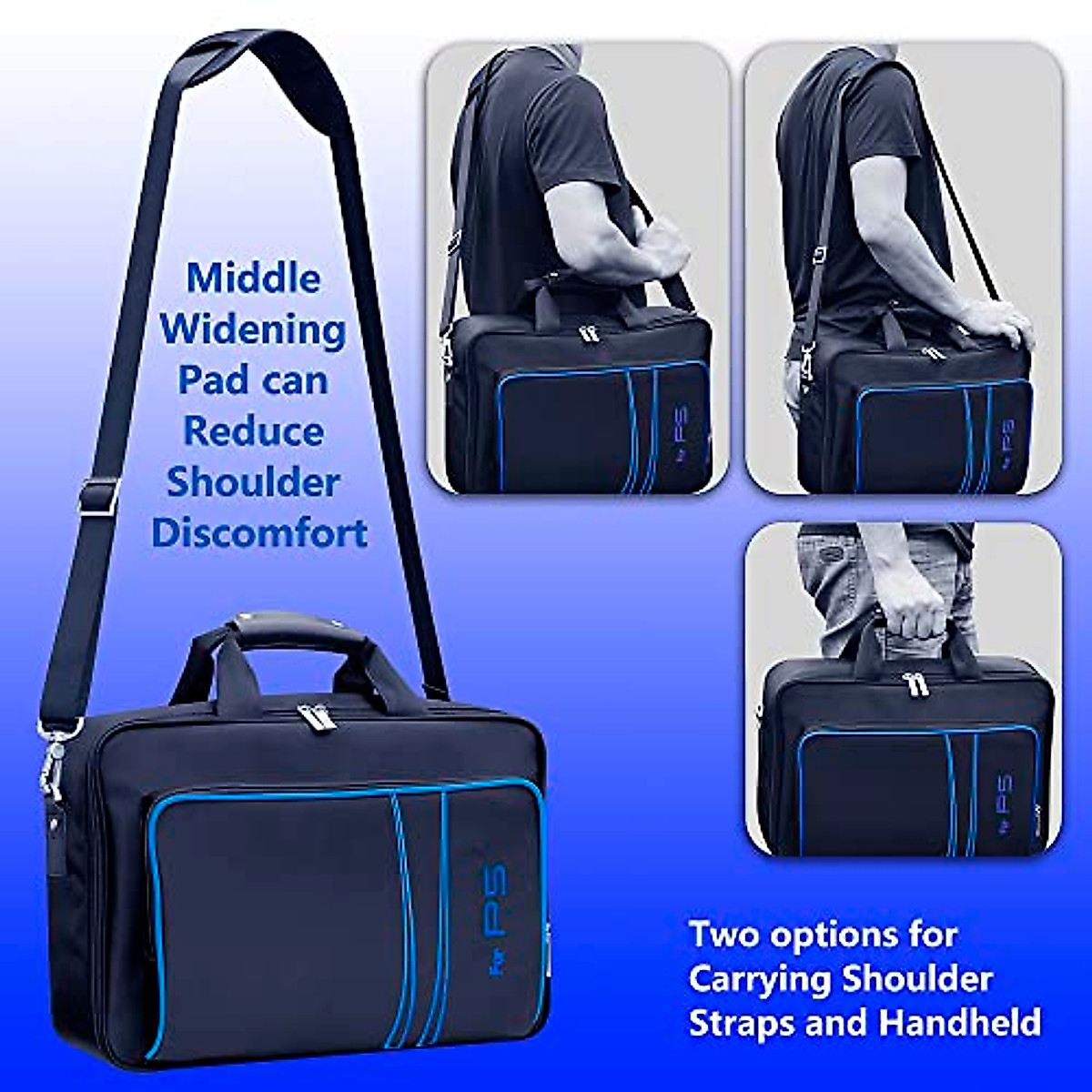 omarando Gaming Console Carrying Case,Compatible with PS5 or PS5 Slim,Travel Carrying Bag for Game Controller and Accessories,Included Controller Protective Box(Black-Blue)