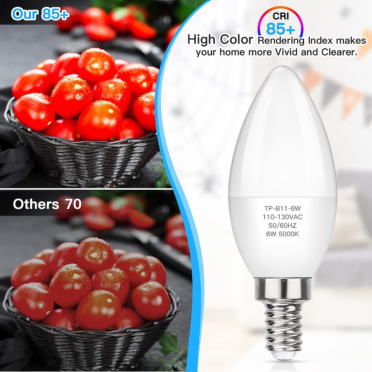 MAXvolador E12 LED Candelabra Light Bulbs 60W Equivalent, Daylight White 5000K 600 Lumen Chandelier Bulb, 6W B11 Candle Base, Non-Dimmable, Pack of 6