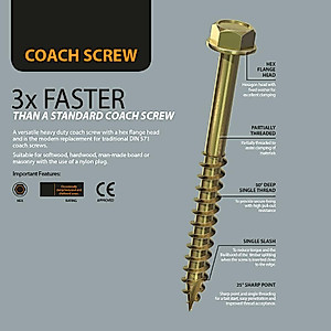 TIMCO Advanced Coach Screws – Hex Flange – Gold – Aggressive Slash Point tip for Easy Driving – 3 x Faster Than Standard Coach Screws - M10 x 60mm - Box of 50