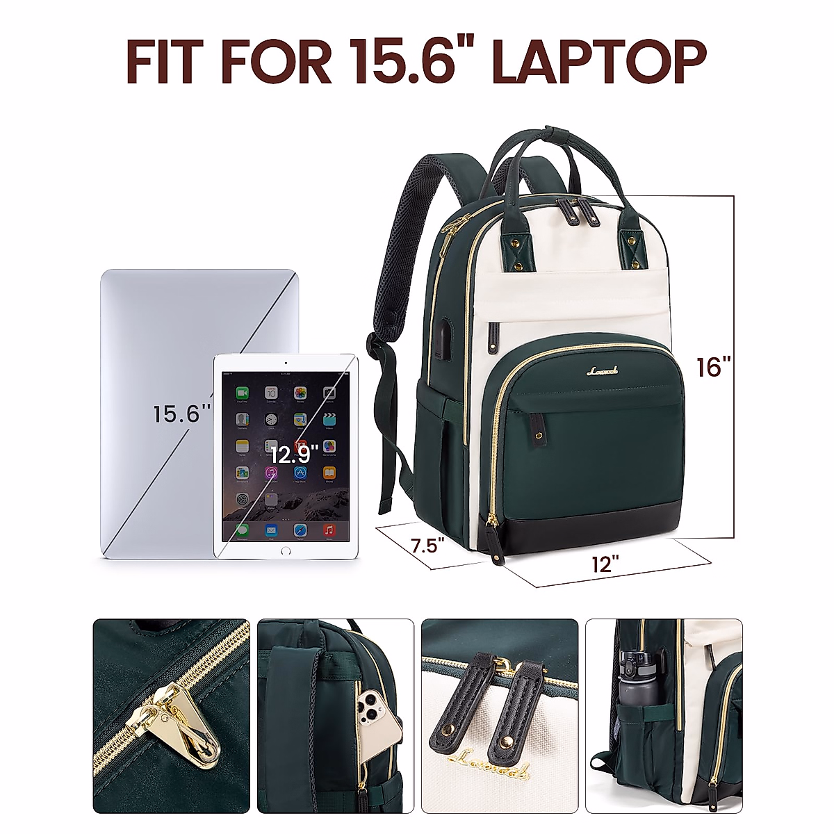 LOVEVOOK Laptop Backpack for Women, Fits 15.6 Inch Laptop Bag, Fashion Travel Work Anti-theft Bag, Business Computer Waterproof Backpack Purse, Backpacks, Beige-Green-Black