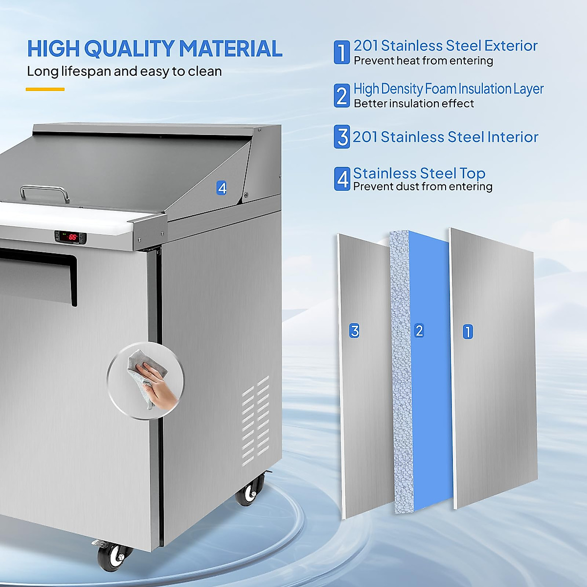 ROVSUN 7.1 Cu.Ft Commercial Refrigerator ETL NSF DOE, Sandwich & Salad Prep Table Refrigerator 27" Stainless Steel w/Cutting Board Food Pans Lockable Wheels for Restaurant, Bar, Shop